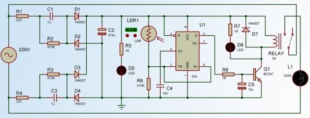 Dark Activated 220V Automatic Evening Lamp using LDR & IC 555